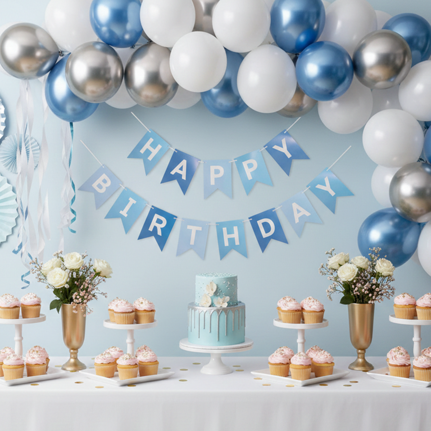 Happy Birthday Fishtail Flag M Size in Blue Color - B039-BE – party X party